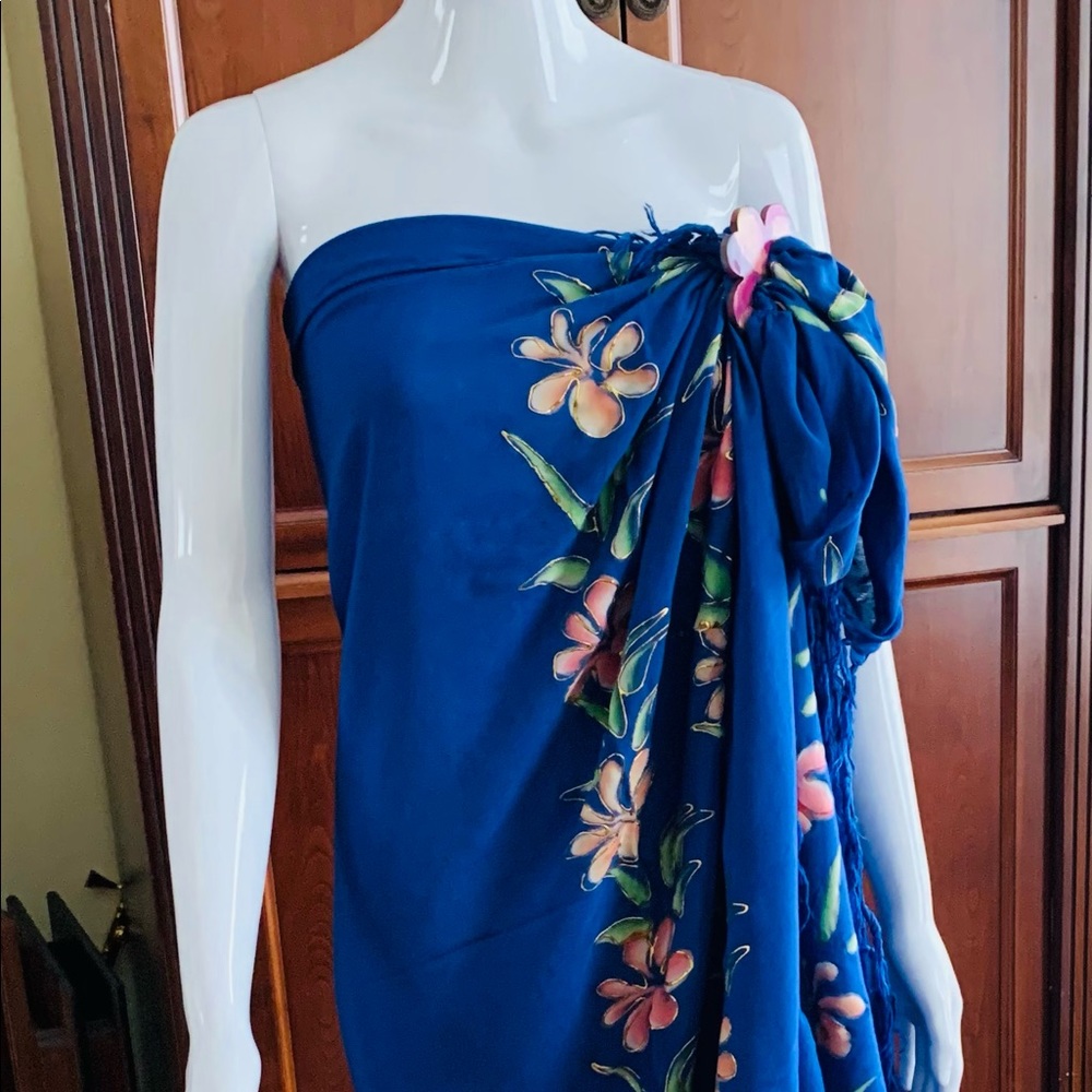 Cobalt Blue Rayon Floral Pareo Bikini Cover-Up Matchi… - Gem